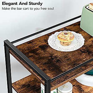 HOOBRO Bar Cart for The Home, Serving Cart with Wine Glass Hooks, Rolling Kitchen Cart with Lockable Wheels, 25.2 x 15.7 x 33.3 Inches Beverage Cart with Storage Shelves, Rustic Brown BF02TC01