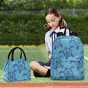 FOLIOSA Kid's Backpack Lunch Bag Set Art Teal Sea Turtle Print， Large Capacity Insulated Scratch-Resistant Backpack with Lunch Kit for School Work Suits for 6+ Years Teenager Boys Girls