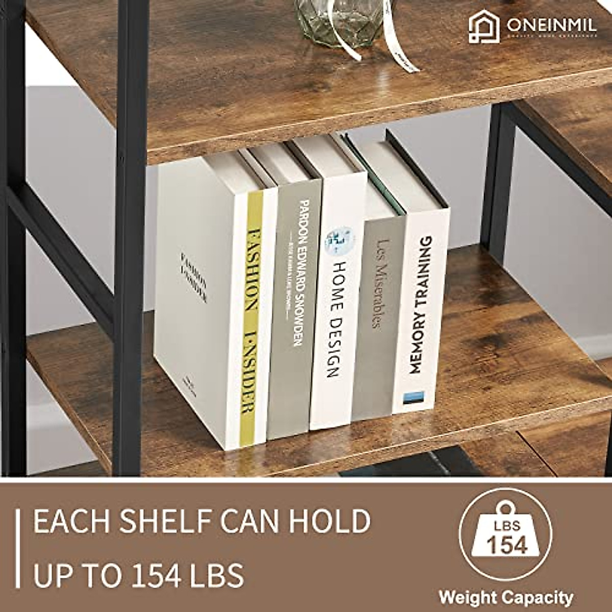 oneinmil Triple Wide 5-Tier Bookshelf with 2 Drawers, Rustic Etagere Book Shelves Display Shelf for Home Office, Industrial Style Wood and Metal Bookshelf in Living Room, Study, Bedroom (Brown)