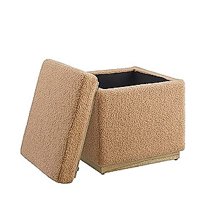 Linon Tan Lexington Sherpa Upholstered Square Storage Ottoman with Pine Wood Accent