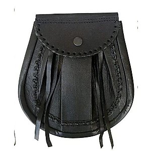 Scottish Kilt Black Leather Sporran of ROB ROY Jacobite with Lace Tassels & Chain Belt Medium