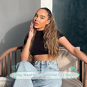 YEAME Wavy Ponytail Extension Claw Clip, 22 Inch Corn Wave Pony Tail Synthetic Brown Mixed Blonde Hair, Long Curly Jaw Ponytail Hair Extainson for Women Girls (Brown Mixed Blonde)