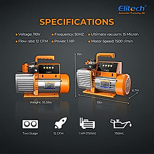 Elitech SVP-12 Intelligent HVAC Vacuum Pump 12 CFM 2 Stage Rotary Vane Touch Screen