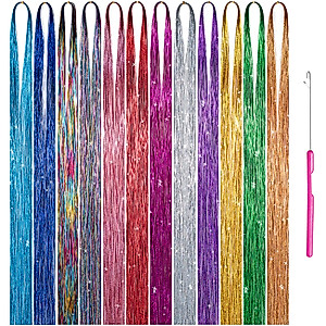 Hair Tinsel Kit with Tool 12 Colors 3000 Strands Hair Tinsel Kit Shiny Fairy Hair Tinsel Extensions Colord Party Highlights Glitter Hair Extensions Multi-Colors Hair Tinsel Kit (12 Colors, 45")
