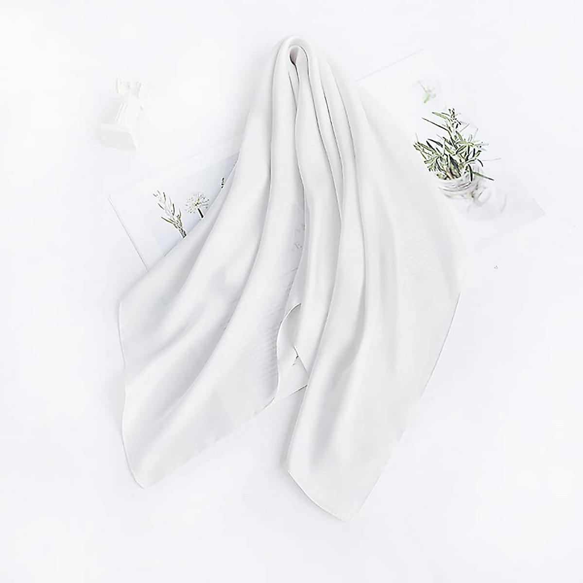 Lastclream Chiffon Square Neck Scarves for Women Handkerchief Retro Satin Ribbon Scarf for Hair Wrapping at Night 23.6" (White)
