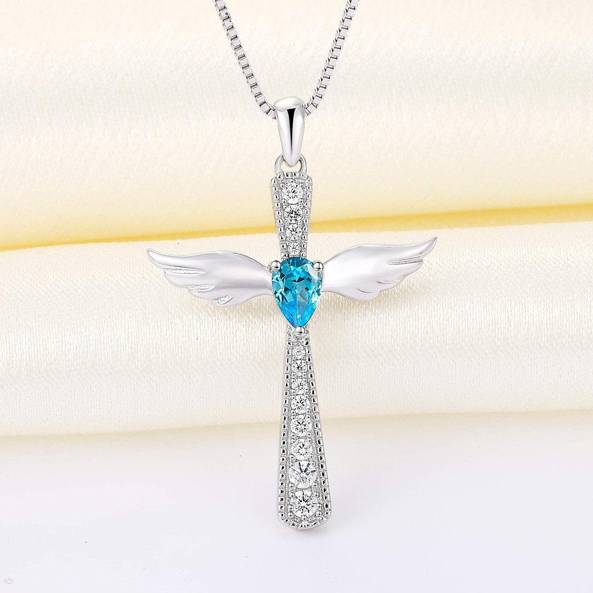 YL Cross Necklace 925 Sterling Silver Angel Wings Pendant Teardrop Created Aquamarine Criss Jewelry for Women