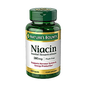 Nature’s Bounty Niacin 500mg Flush Free, Cellular Energy Support, Supports Nervous System Health, 120 Capsules