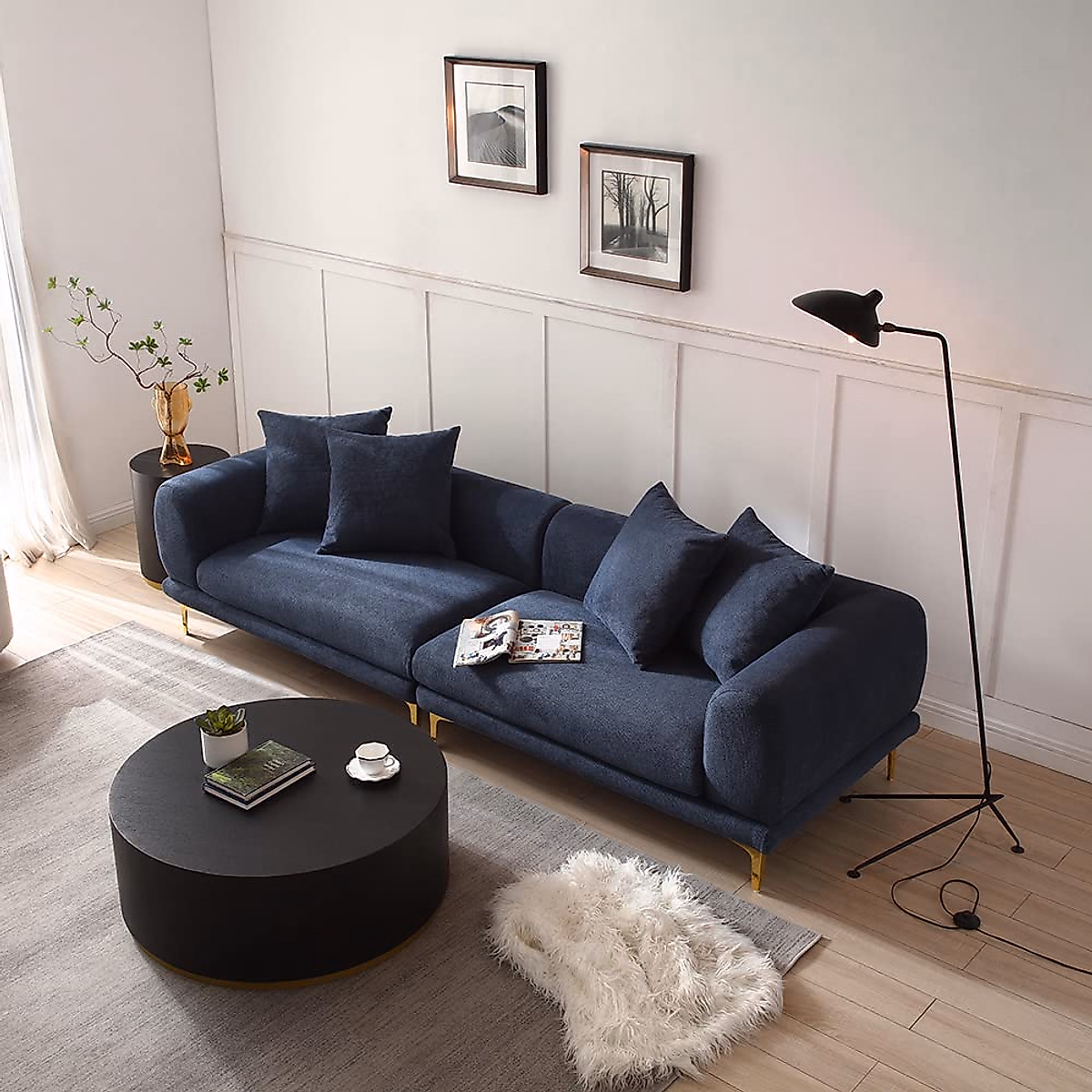 JUSTONE 102''Sofa Couch for Living Room, Modern Mid-Century 4 Seater Sofa with 4 Pillows, Upholstered Couch with Metal Wood Legs for Living Room, Bedroom and Lounge,Apartment Office - Blue