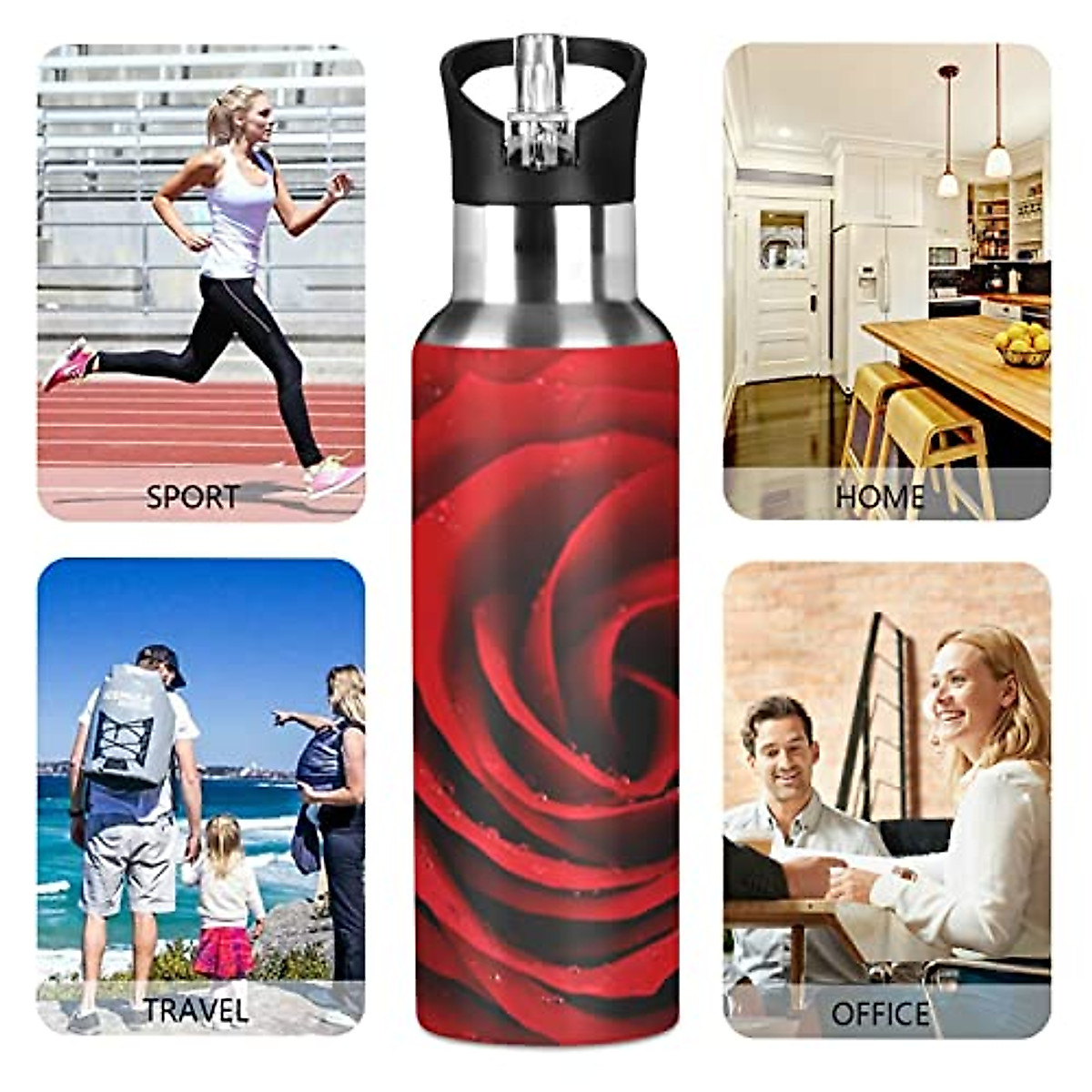 xigua Beautiful Romantic Red Rose Flower Stainless Steel Water Bottle with Straw Lid 22 oz,Thermo Mug,Metal Canteen,Double Wall Vacuum Insulated Leak Proof,Keep Liquids Hot or Cold
