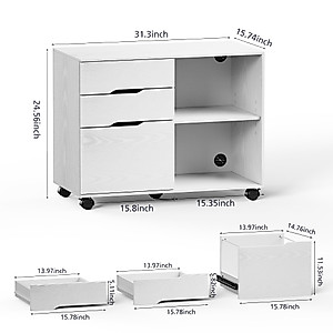 NEWBULIG 3-Drawer Mobile Cabinet,Wood Lateral Filing, Printer Stand with Open Adjustable Storage Shelves and Wheels for Home Office,White