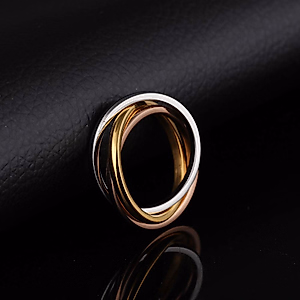 JAJAFOOK Women's Stainless Steel Gold Silver Rose Triple Band Interlocked Rolling Ring (Rose Gold Tri-Color, 7)