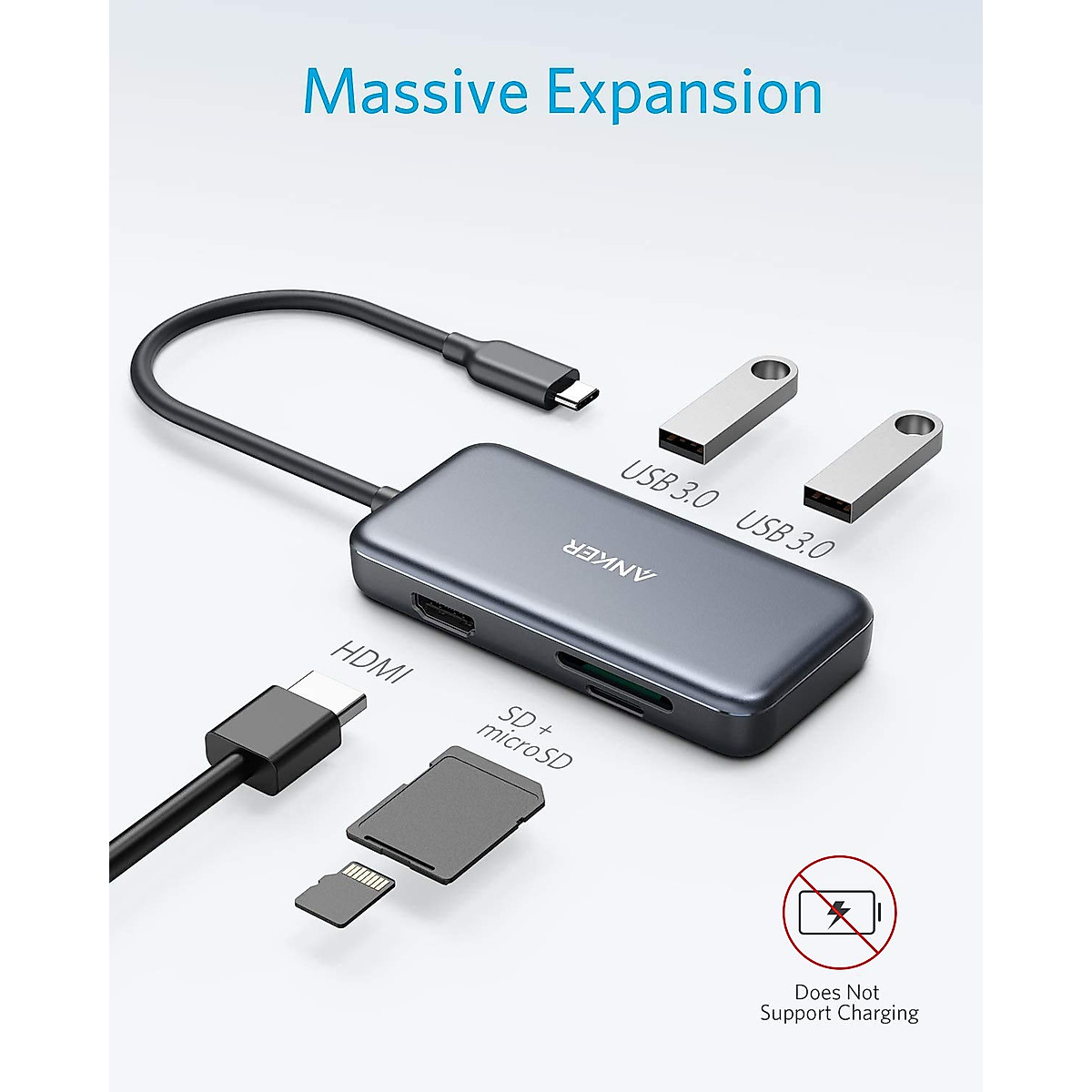 Anker USB C Hub, 5-in-1 USB C Adapter, with 4K USB C to HDMI, SD and microSD Card Reader, 2 USB 3.0 Ports, for MacBook Pro 2019/2018/2017, iPad Pro 2019/2018, Pixelbook, XPS, and More