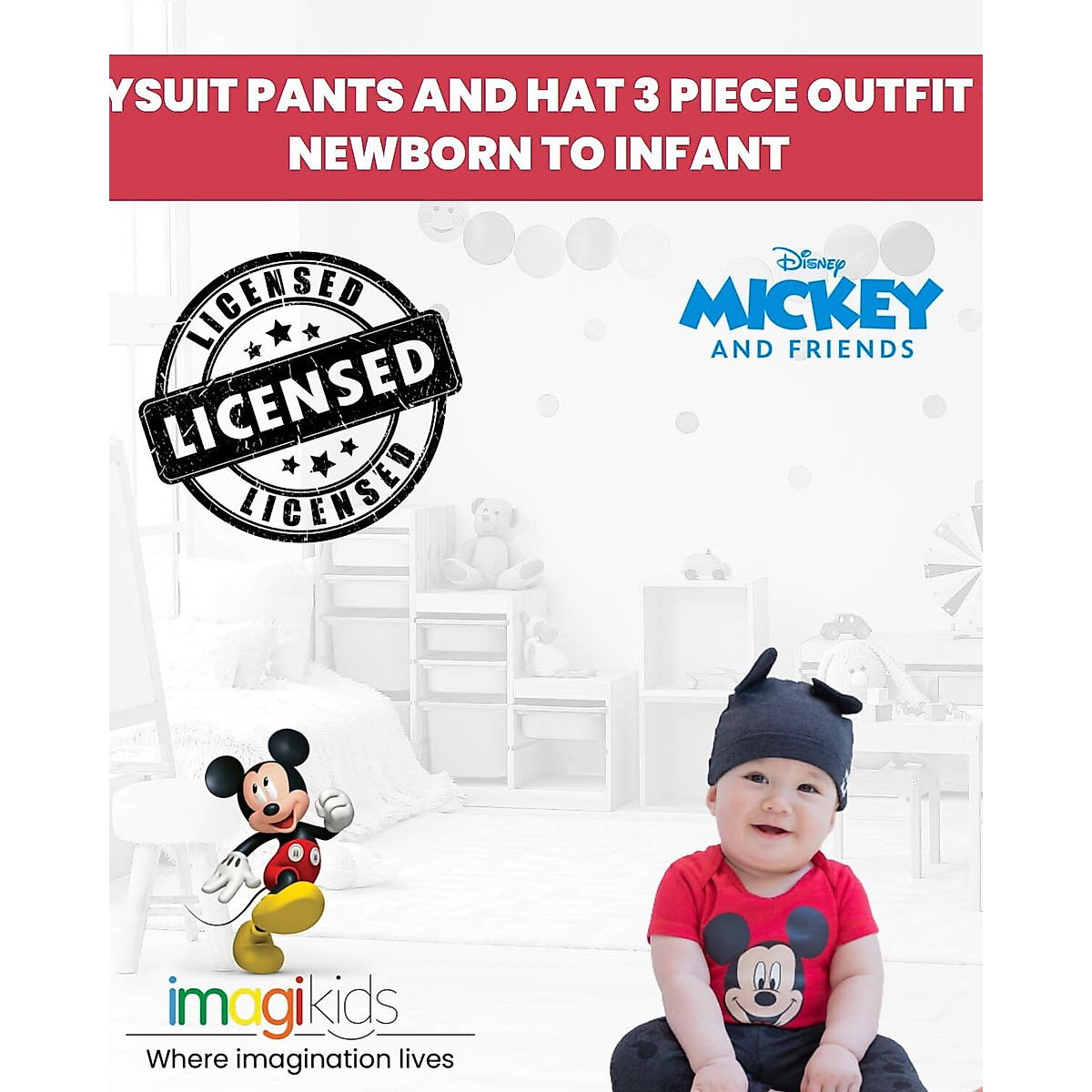 Disney Mickey Mouse Newborn Baby Boys Bodysuit Pants and Hat 3 Piece Outfit Set Red/Gray 6-9 Months