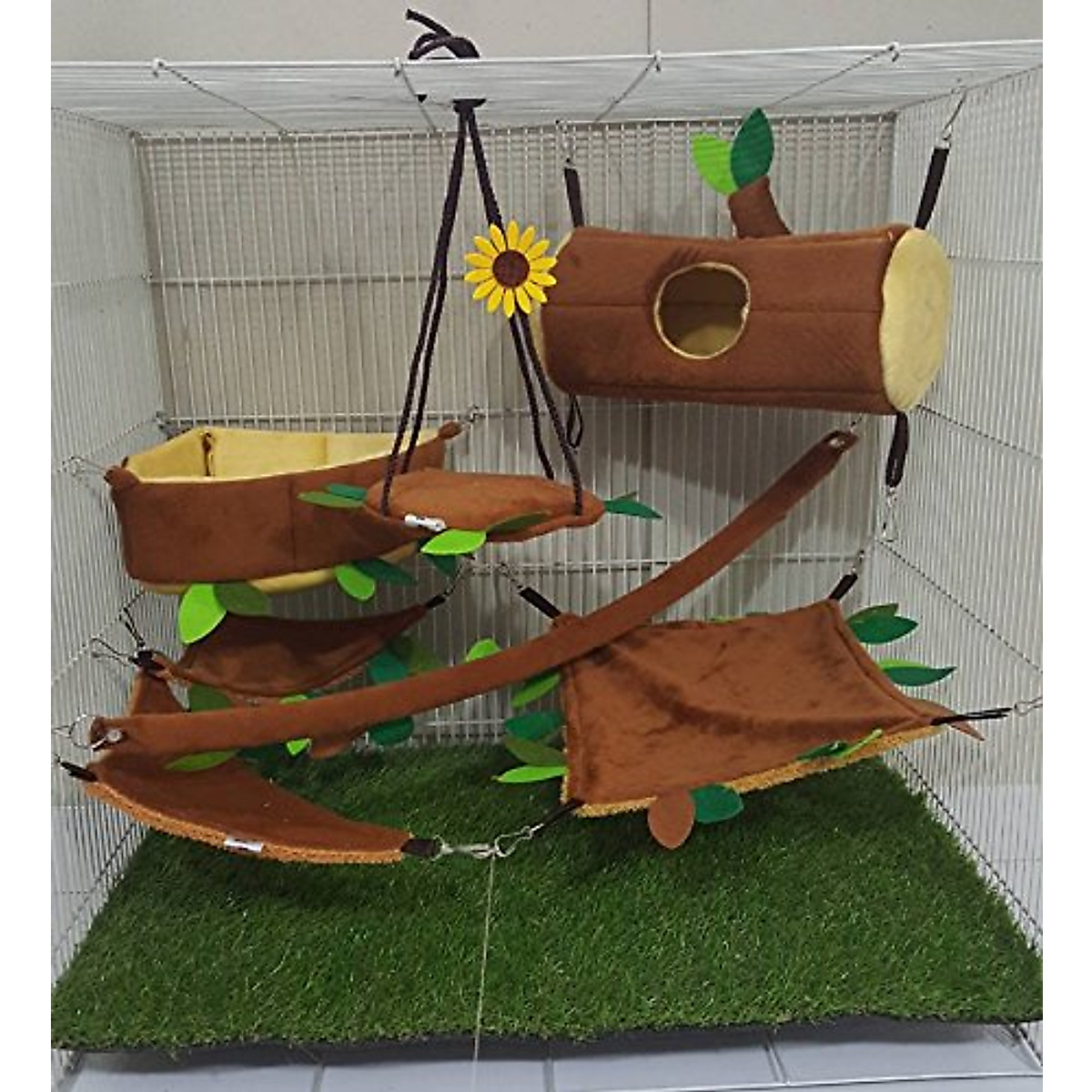 HOT! 7 Pcs/Set Cute Sugar Glider Hamster Marmoset Squirrel Chinchillas Small Pet Hanging Log + Edge Corner Light Brown Cage Set Forest Pattern Get Free 1 Small Pet Treats, PB's REPUBLIX