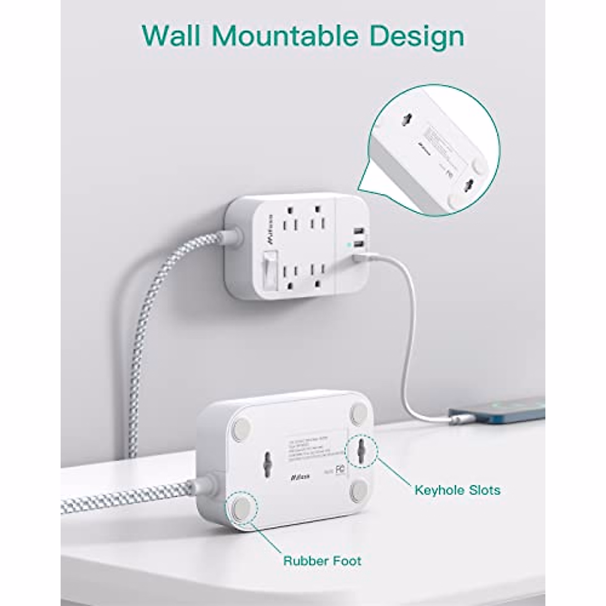 Power Strip Long Extension Cord - 10Ft Braided Extension Cord with Flat Plug, 4 Outlets and 3 USB Charging Ports, Overload Protection and Wall Mount for Home, Office