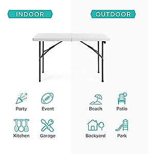 New Home Era Folding Table - Foldable Heavy Duty Plastic Table for Indoor & Outdoor Parties, Picnic, Camping, Wedding, BBQ Catering, Garden Dining - Fold-in-Half Portable Utility Table - White - 4ft
