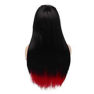 Baruisi Long Red Black Wig Silky Straight Synthetic Heat Resistant Side Bangs Halloween Costume Hair Wigs for Women