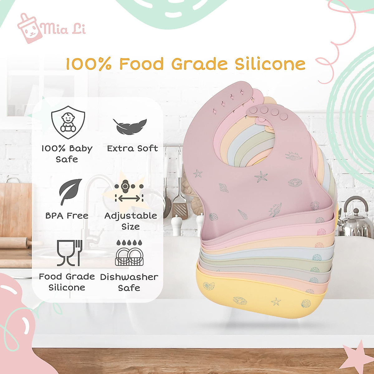 Mia Li Silicone Bibs – 3pcs Waterproof Silicone Bib Set – Silicone Baby Bibs for Girls and Boys - Baby Bib Pocket with Adjustable Closure – Non-Messy Toddler Bib (Seashells - Cloud, Sage & Stone)