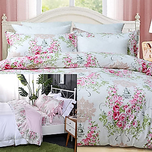FADFAY 7Pcs Shabby Rose Floral Duvet Cover Sheets Set Queen Size, 1 Duvet Cover+1 Flat Sheet+1 Fitted Sheet+ 4 Standard Size Shams