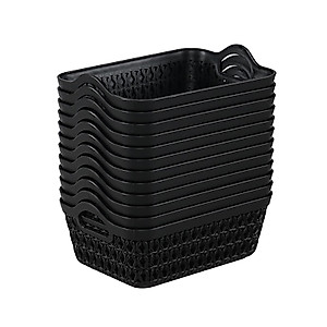 Melontray Set of 12 Small Plastic Storage Basket Tray, Plastic Weave Storage Baskets, Black