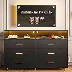 EnHomee Black Dresser with LED Lights, Wood Dresser for Bedroom with Wide Large Drawers and Metal Handles, Elegant Chest of Drawers for Clothes Storage Living Room Hallway Entryway, 47.2" W