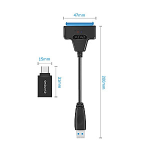 ELUTENG USB 3.0 SATA Adapter 2.5 Inch SATA to USB 3.0 Cable 22 Pin 7+15 HDD / SSD Cord Support UASP Serial ATA III Compatible for 2.5 SATA Hard Drive (USB C to SATA)