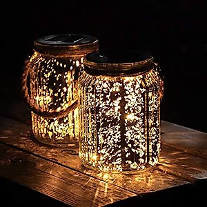 Hanging Solar Lantern Outdoor,Solar Lights Mercury Mason Jar Glass Hanging Lights with 20 LED Waterproof for Tree, Table, Yard, Garden, Patio, Holiday Party Outdoor Decor,2 Pack