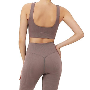Jetjoy Exercise Outfits for Women 2 Pieces Ribbed Seamless Yoga Outfits Sports Bra and Leggings Set Tracksuits 2 Piece
