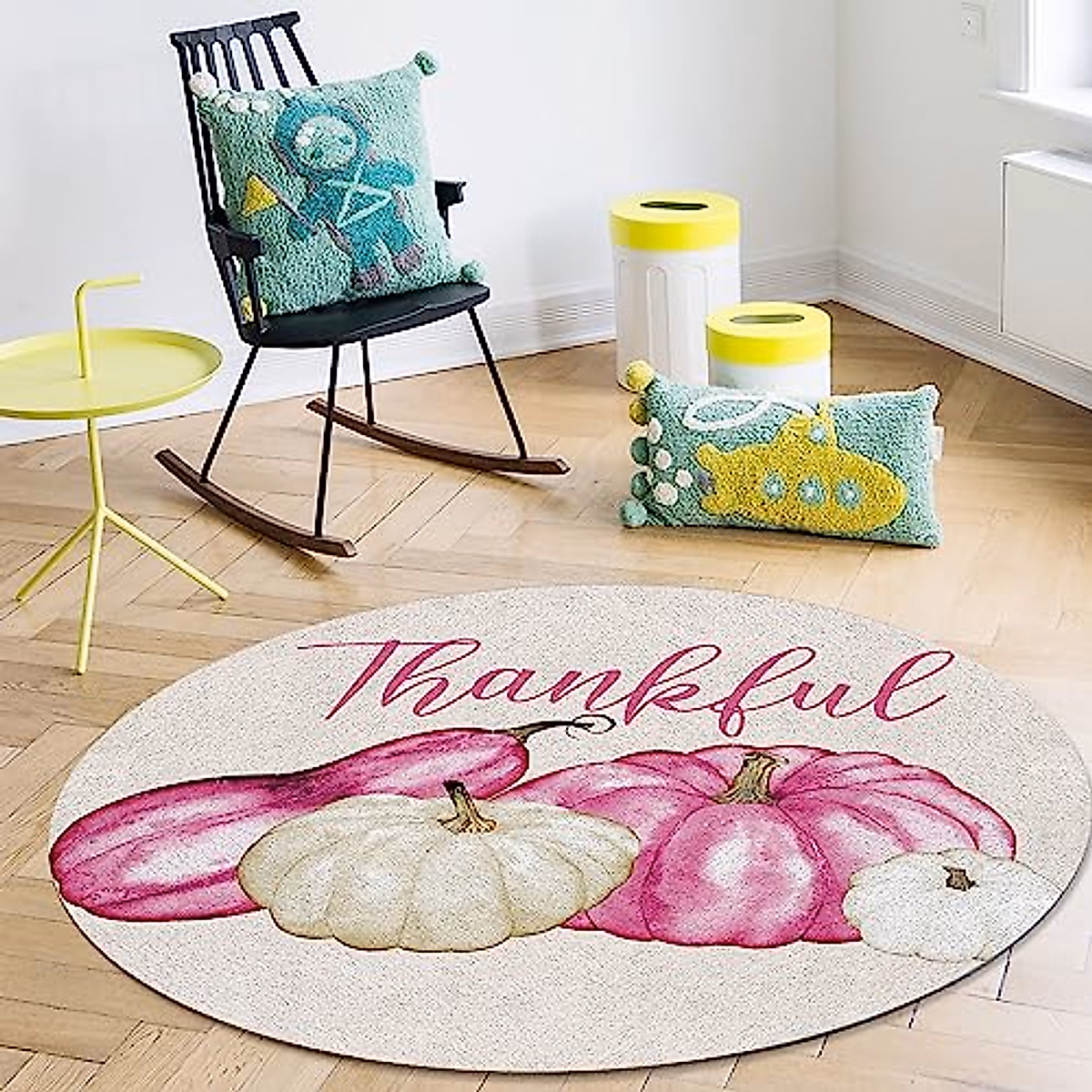 Large Round Area Rug for Living Room Bedroom, 3ft Non-Slip Rugs for Kids Room, Pink White Pumpkins Fall Thanksgiving Washable Carpet Floor Mat for Home Nursery Room Decor