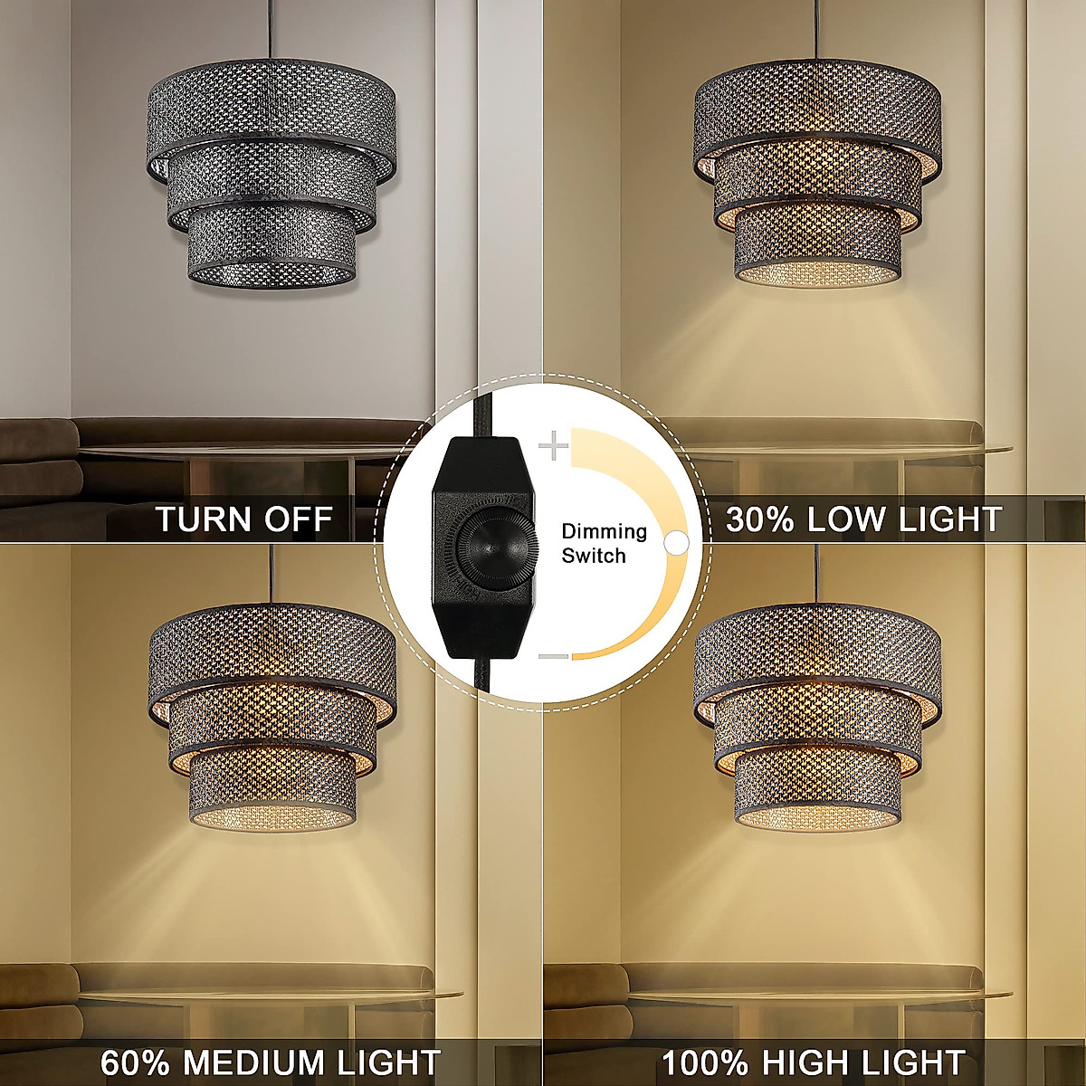 Mateyrie Plug in Pendant Light, Hanging Lamp with Dimmable Switch, Pendant Light Fixtures with 15 Ft Cord, Hanging Light with Black Rattan Shade for Bedroom, Kitchen, Living Room, Dining Table