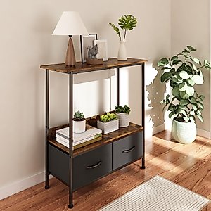 Wisdom Star Console Table with 2 Fabric Drawers, 2 Tier Industrial Sofa Table, Wood Hallway Table with Storage Shelves, 33 Inch Narrow Console Table for Entryway, Living Room, Office, Bedroom