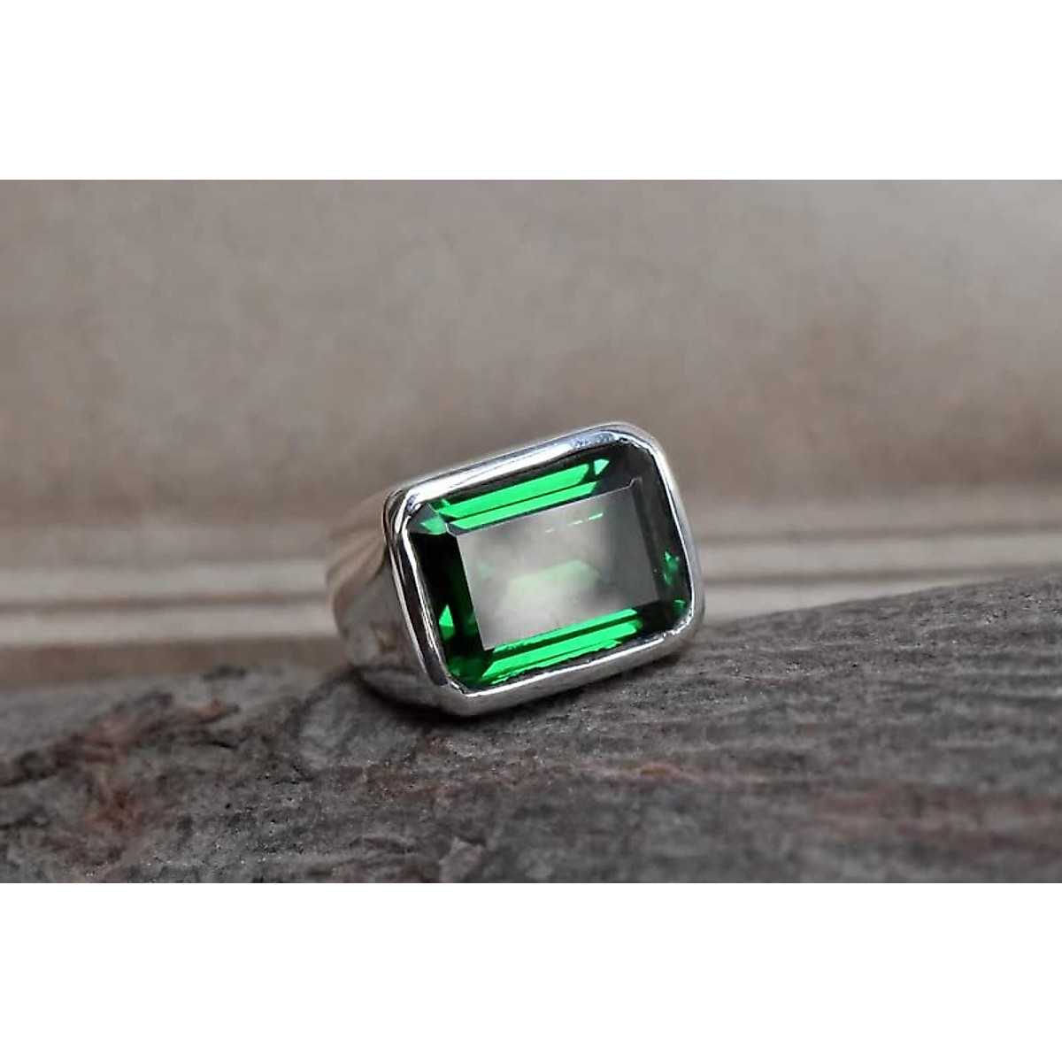 Green Emerald Ring for Men and Women Signet Emerald Cut Gemstone Sterling Silver Band Gift Rings All US Rings Size (8)