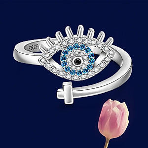Cross Evil Eye Ring Sterling Silver Spiritual Turkish Third Evil Eye Cross Rings for Women Teen Greek Nazar Religious Adjustable Open Ring for Protection Size 9