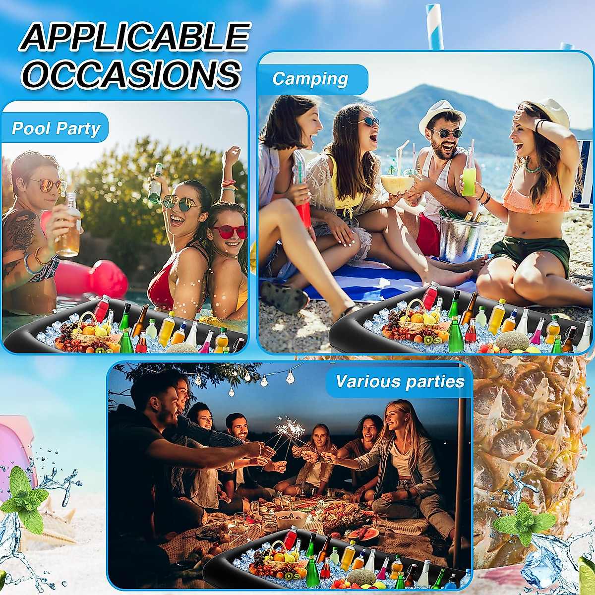 Leitee Inflatable Serving Bar with Drain Plug 52 x 24 x 5'' Inflatable Ice Serving Buffet Bar Inflatable Cooler for Party Food Cooler for Party Buffet Inflatable Drink Cooler(Black,Basic Style)
