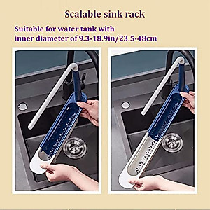 kkjj Telescopic Sink Rack Sponge Holder, Blue Sink Organizer Expandable Sink Organizer Adjustable Drainer Sink Tray Sponge Soap Holder, Sink Organizer Holder Dish Cloth Hanger for Kitchen, (SY30)