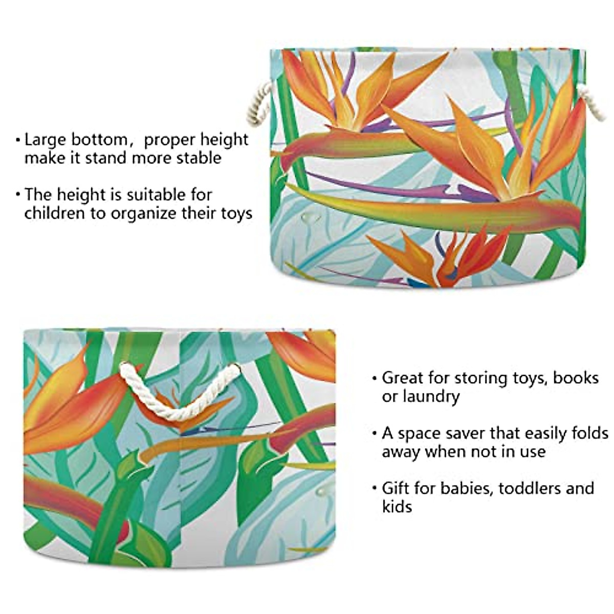 Kigai Cotton Rope Basket Birds Of Paradise Flower Collapsible Baby Laundry Basket with handles Blanket Basket Kids Toy Storage Basket for Shelf Organizer Home Decor