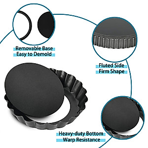 Vnray Mini Tart Pans with Removable Bottom 4 inch Set of 10, Non-stick Round Quiche Pan Heavy Duty Carbon Steel for Mousse Cakes, Christmas Dessert Baking with Silicone Scrubber