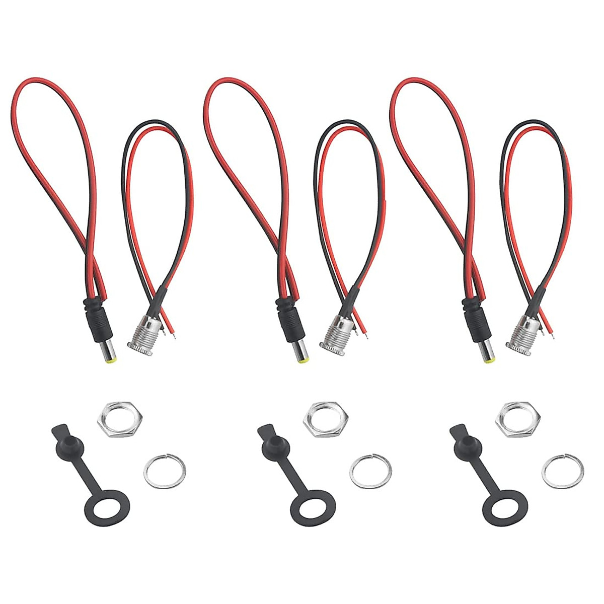 SDTC Tech 3 Sets 5.5 x 2.5 MM 10A DC Power Jack Socket Threaded Female Mount Connector Adapter & 12V Male DC Power Pigtail Cable with Dustproof Plug