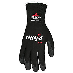 MCR Safety Ninja HPT N9699XL Work Gloves, 15 Gauge Nylon Shell, Hydropellent Technolgy(HPT) Water Repellent Coated Palm & Fingertips, X-Large, black