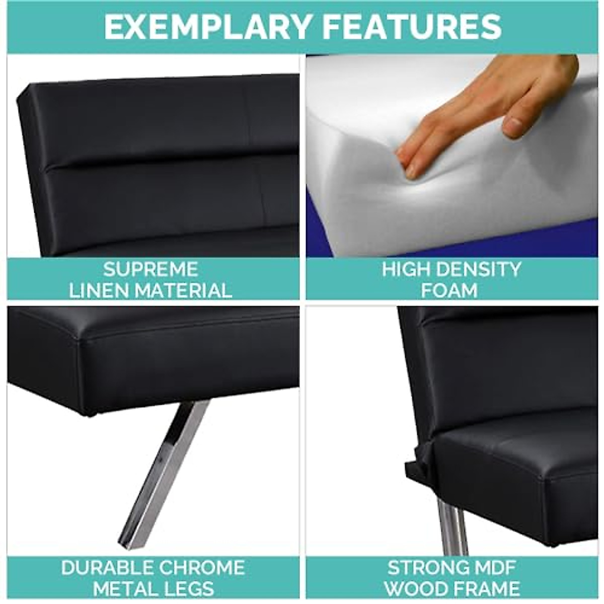 Naomi Home Black Faux Leather Futon Sofa Bed, 66"W x 31"D x 28.3"H, 3-Position Reclining, 500 lbs Weight Capacity