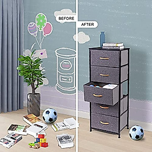 WAYTRIM Vertical Dresser Storage Tower with 5 Drawers, Fabric Organizer Dresser Tower for Bedroom, Hallway, Entryway, Closets - Charcoal