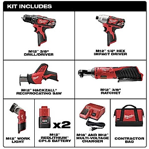 Milwaukee M12 12-Volt Lithium-Ion Cordless Combo Kit (5-Tool) with Two 1.5 Ah Batteries, Charger and Tool Bag