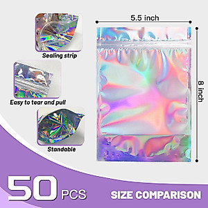 NPLUX Holographic Mylar Bags Resealable Smell Proof Bags for lip gloss,Jewelry,Pens,lash candy and More - Small Business Packaging Supplies(50PACK,5.5x8INCH)