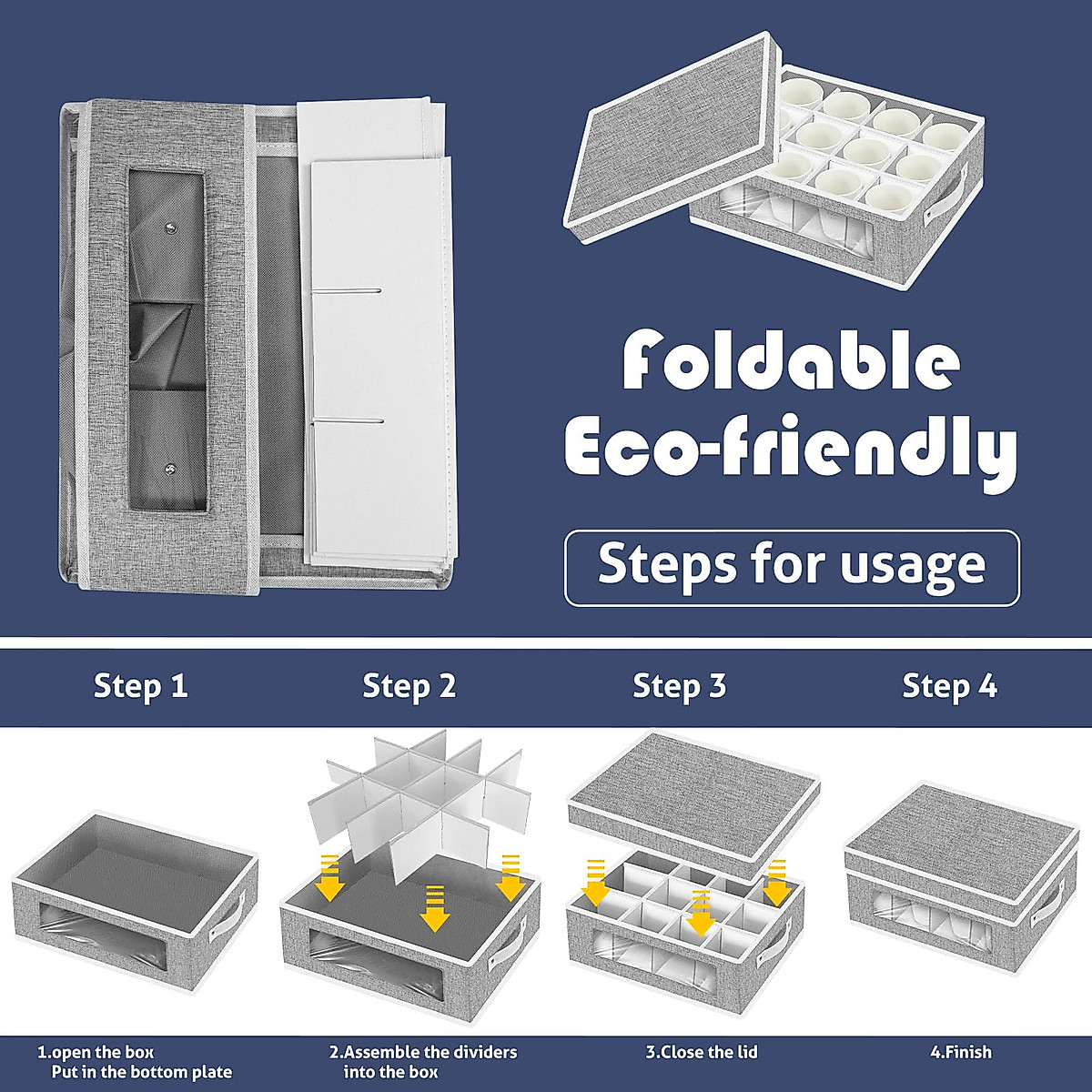 homyfort 2 Pack Cup and Coffee Mug Storage Box Organizer with Dividers, China Storage Containers Hard Shell with 24 Compartments for Mugs Moving and Protection (Grey)