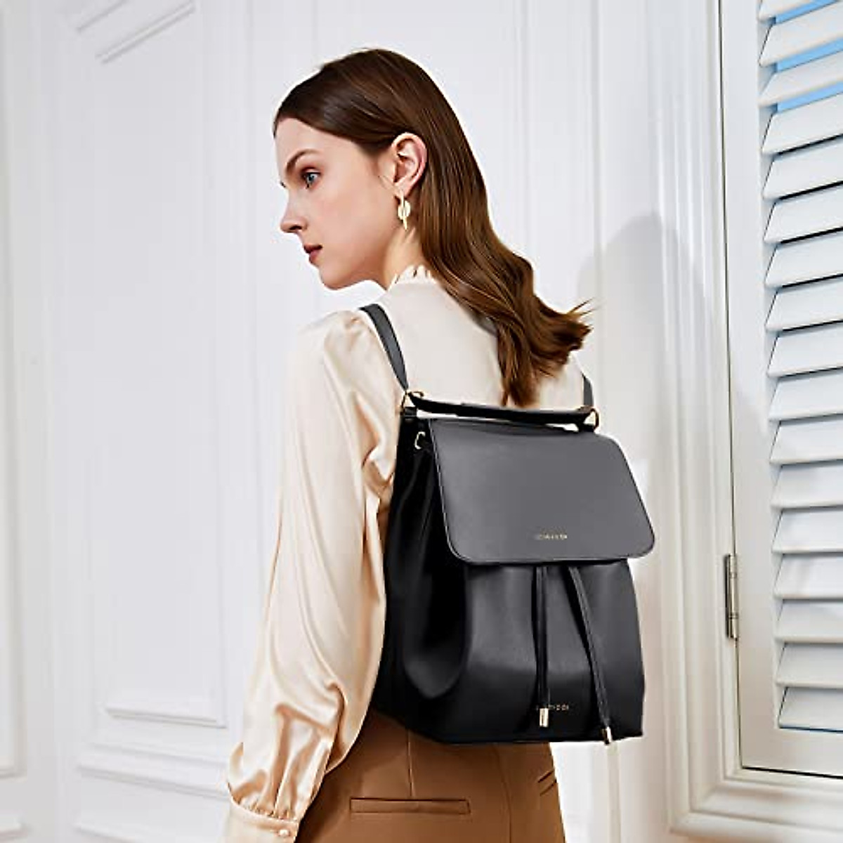 LOVEVOOK Backpack Purses for Women, Tote Bag Convertible PU Leather Backpacks, Fashion Handbag Satchel Bags Casual Back Pack 14 Inch Laptop Backpacks 2PCS, Black