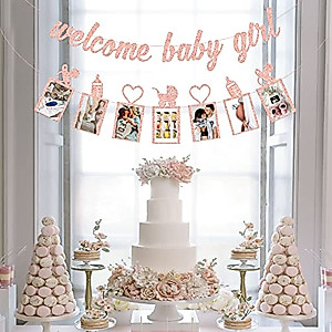 Baby Shower Decorations for Girl - Welcome Baby Girl Banner and Baby Shower Photo Banner for baby girl shower decor(rose gold)