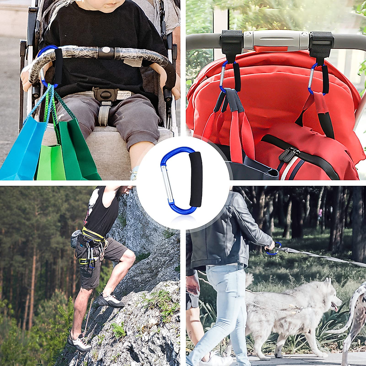 JIALEEY Grocery Bag Shopping Bag Holder Handle Carrier Tool Multi Purpose Snap Hook Stroller Hook Set Organizer Accessories with Soft Foam Grip for Hanging, Pack of 2, Blue