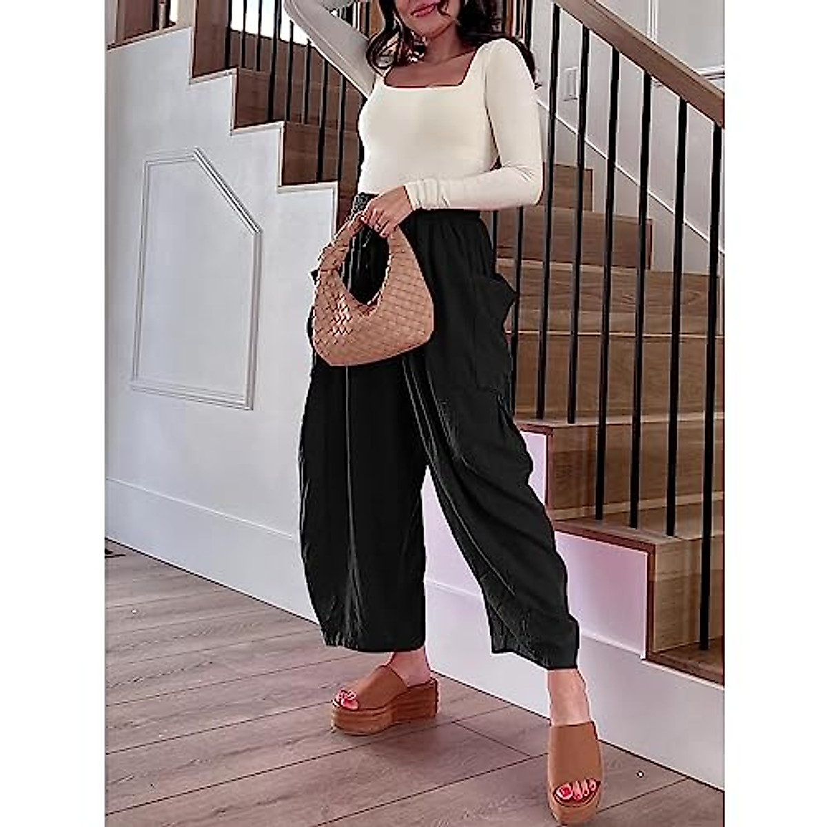 Aiwpstoin Women Wide Leg Linen Pants Summer Casual Drawstring High Waisted Palazzo Harem Pants with Pockets (as1, Alpha, x_l, Regular, Regular, Black)