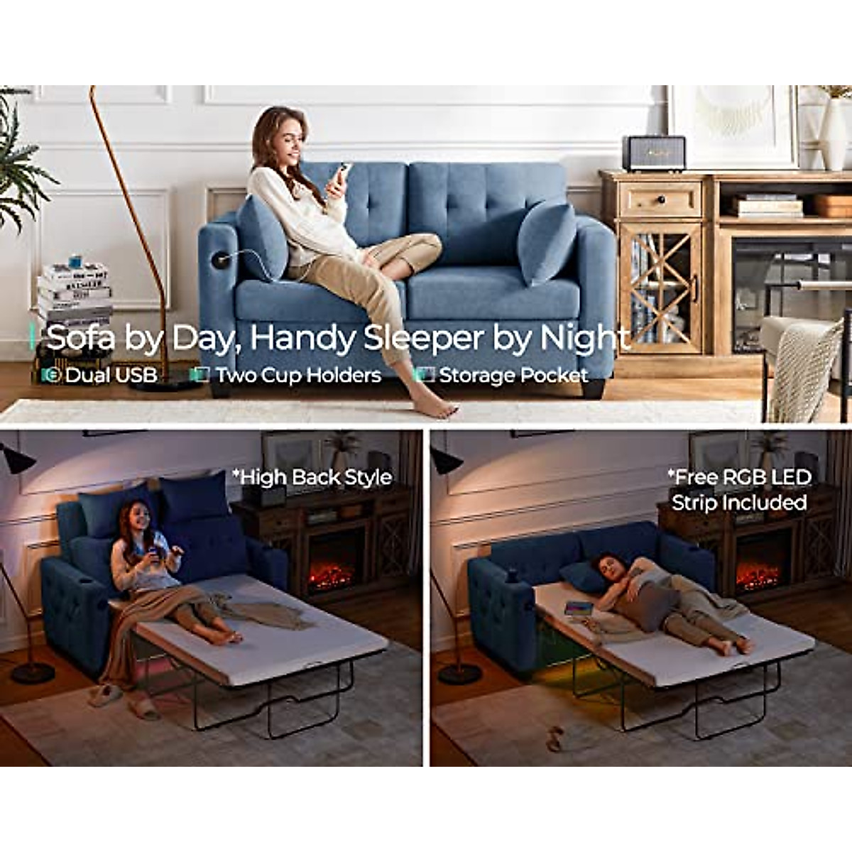 LINSY HOME Pull Out Sofa Bed, 2-in-1 Convertible Sleeper Couch with Memory Foam Mattress, Two Seat Loveseat Sleeper Sofa Bed for Living Room, Blue, Full Size