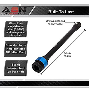 ABN 1/2in Drive 8in Long Torque Socket Extension Bar, 100 ft/lb CR-MO with Blue Color-Coded Aluminum Ring